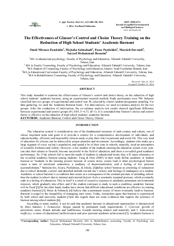 (PDF) The Effectiveness of Glasser's Control and Choice Theory Training ...