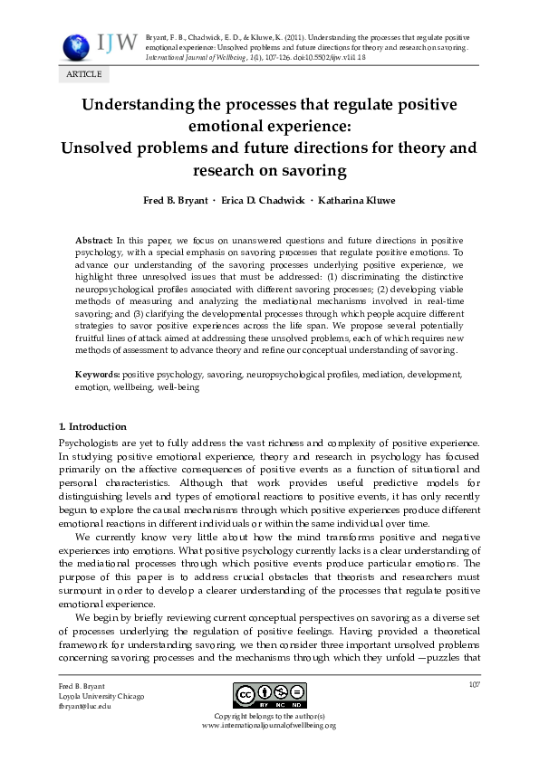 (PDF) Understanding the Processes that Regulate Positive Emotional Experience: Unsolved Problems ...