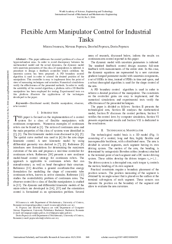 (PDF) Flexible Arm Manipulator Control For Industrial Tasks