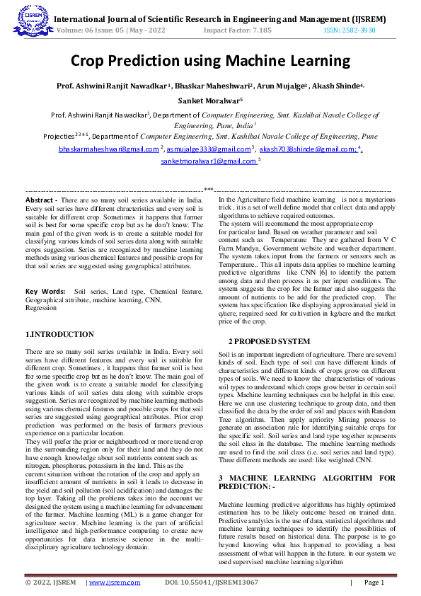 Pdf Crop Prediction Using Machine Learning