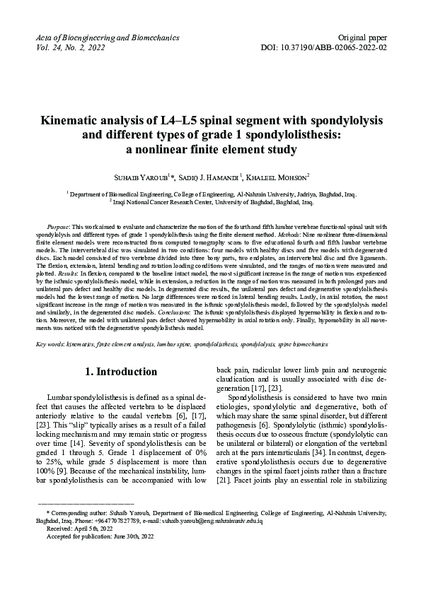 (PDF) Kinematic analysis of L4–L5 spinal segment with spondylolysis and different types of grade ...