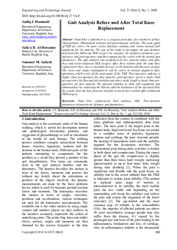(PDF) Gait Analysis Before and After Total Knee Replacement