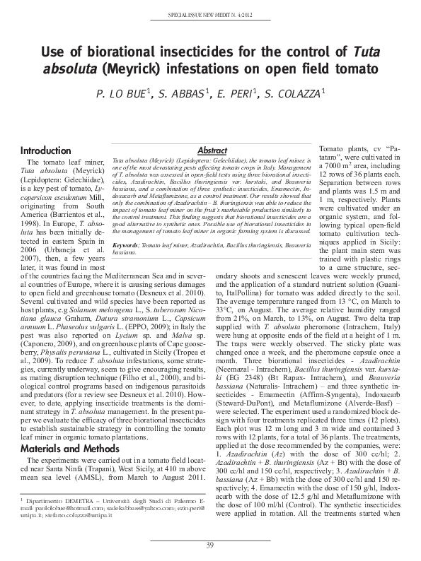 (PDF) Use of biorational insecticides for the control of Tuta absoluta (Meyrick) infestations on ...