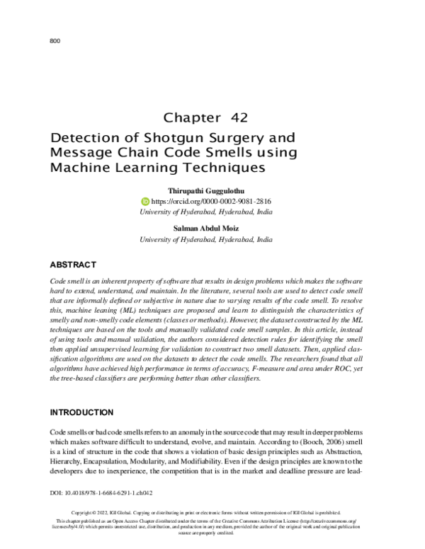 (PDF) Detection of Shotgun Surgery and Message Chain Code Smells using Machine Learning Techniques