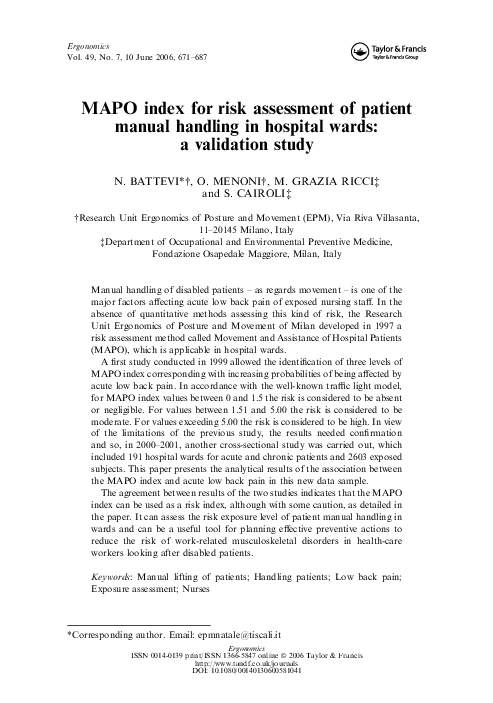 (PDF) MAPO index for risk assessment of patient manual handling in hospital wards: a validation ...