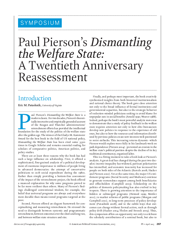 (PDF) Paul Pierson’s Dismantling the Welfare State: A Twentieth Anniversary Reassessment