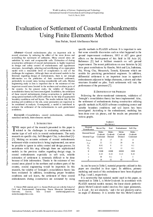 (PDF) Evaluation of Settlement of Coastal Embankments Using Finite Elements Method