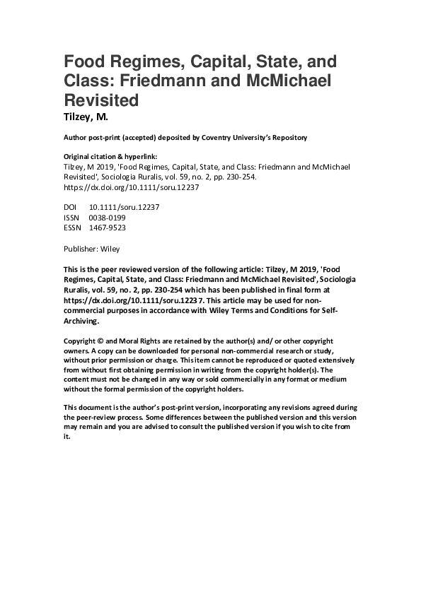 (PDF) Food Regimes, Capital, State, and Class: Friedmann and McMichael ...