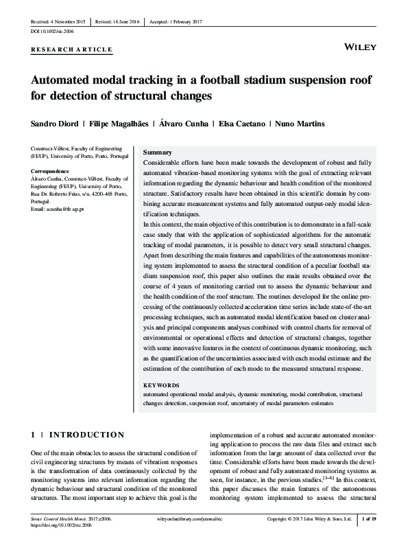 (PDF) Automated modal tracking in a football stadium suspension roof for detection of structural ...