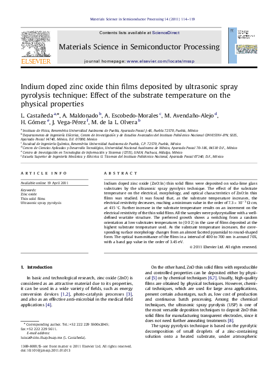 (PDF) Indium doped zinc oxide thin films deposited by ultrasonic spray pyrolysis technique ...