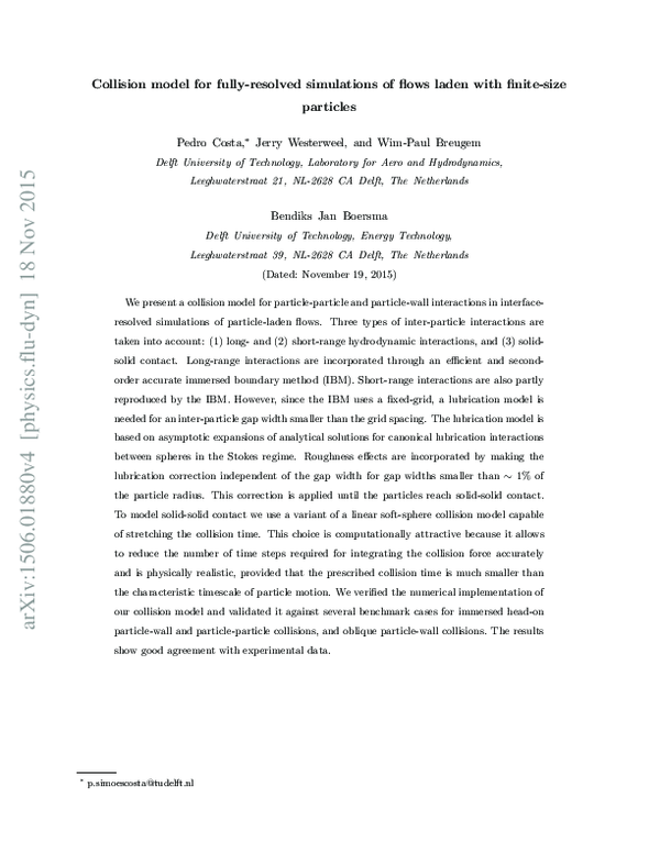 Pdf Collision Model For Fully Resolved Simulations Of Flows Laden With Finite Size Particles