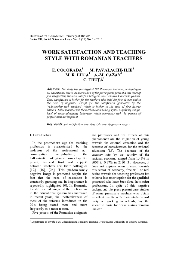 (PDF) Work Satisfaction and Teaching Style with Romanian Teachers