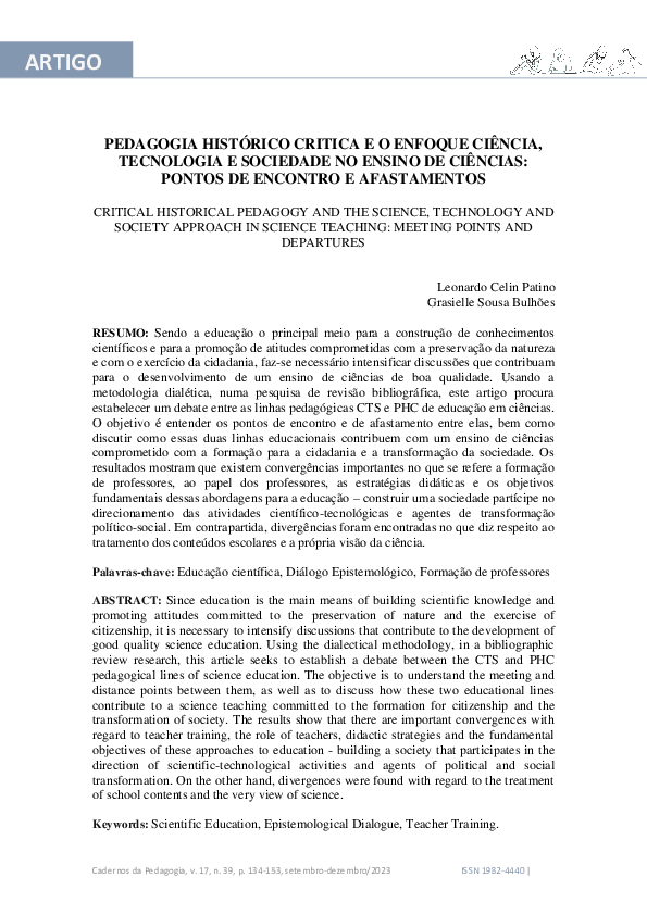 (PDF) PEDAGOGIA HISTÓRICO CRITICA E O ENFOQUE CIÊNCIA, TECNOLOGIA E SOCIEDADE NO ENSINO DE ...