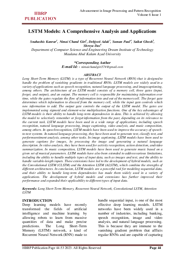 (PDF) LSTM Models: A Comprehensive Analysis and Applications