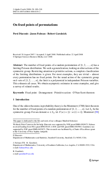 (PDF) On fixed points of permutations