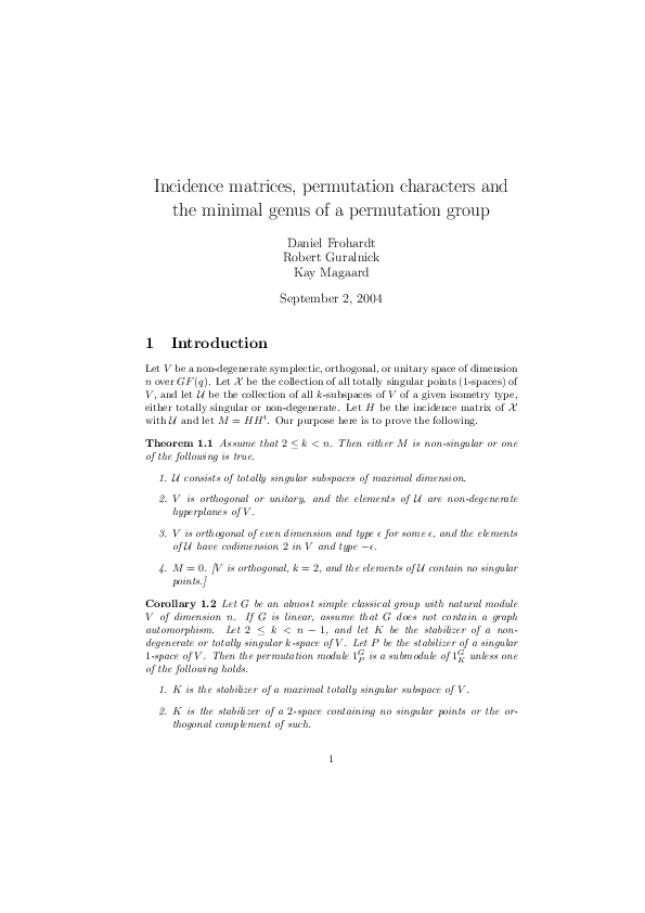 (PDF) Incidence Matrices, Permutation Characters, and the Minimal Genus ...