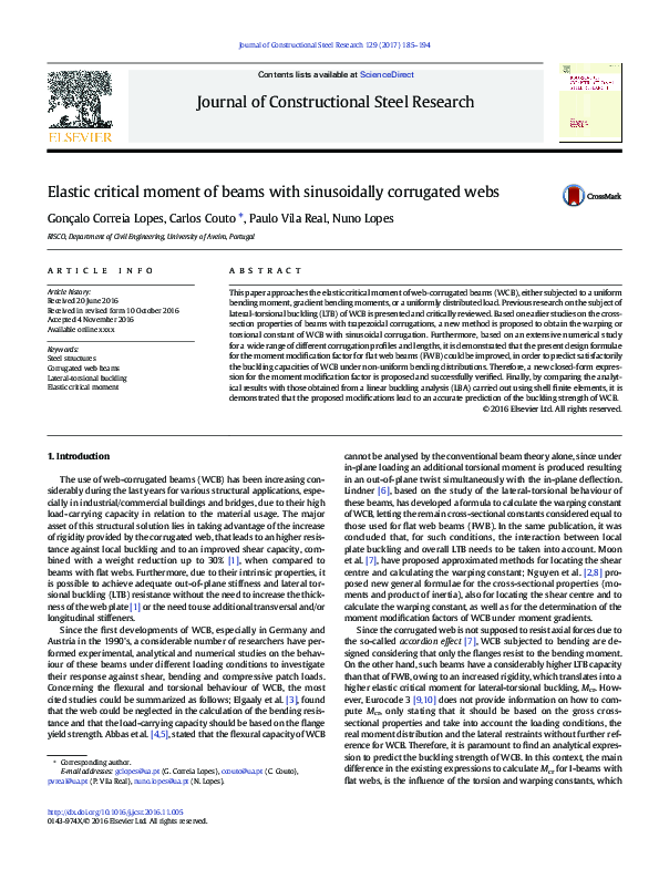 (PDF) Elastic critical moment of beams with sinusoidally corrugated webs