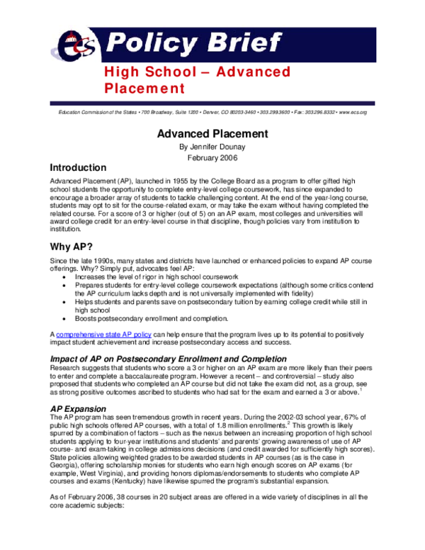 (PDF) Advanced Placement. ECS Policy Brief: High School--Advanced Placement