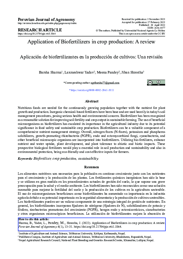 (PDF) Application of Biofertilizers in crop production: A review