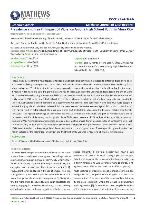(PDF) Prevalence and Health Impact of Violence Among High School Youth ...