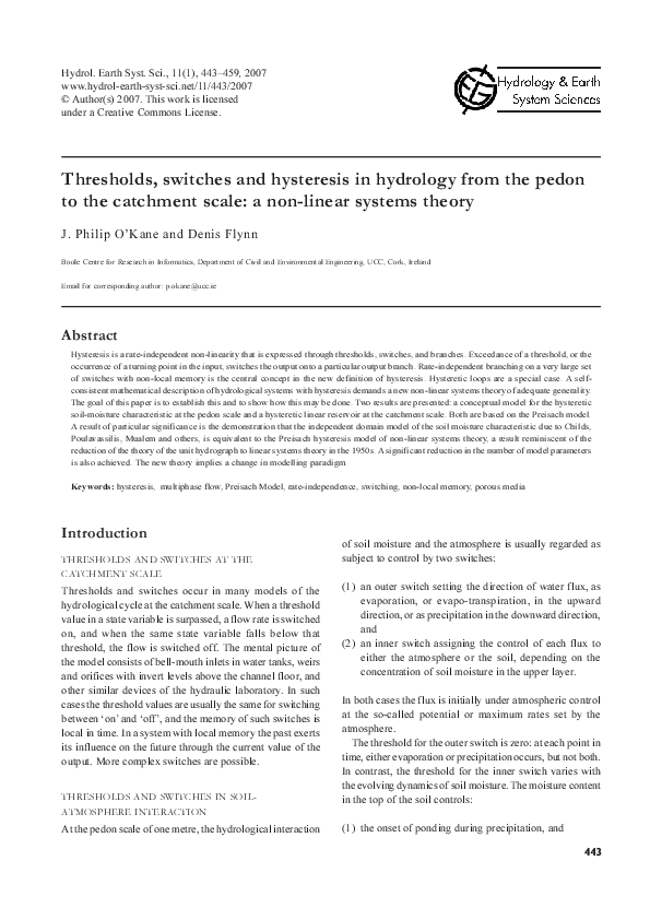 (PDF) Thresholds, switches and hysteresis in hydrology from the pedon ...