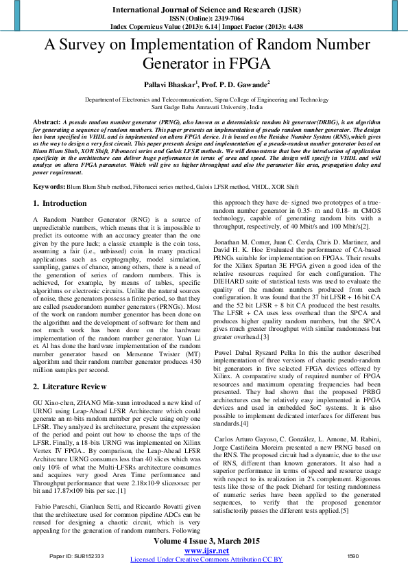 Pdf A Survey On Implementation Of Random Number Generator In Fpga