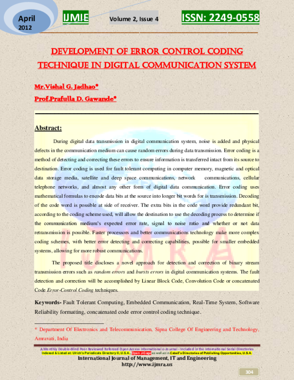 Pdf Development Of Error Control Coding Technique In Digital Communication System