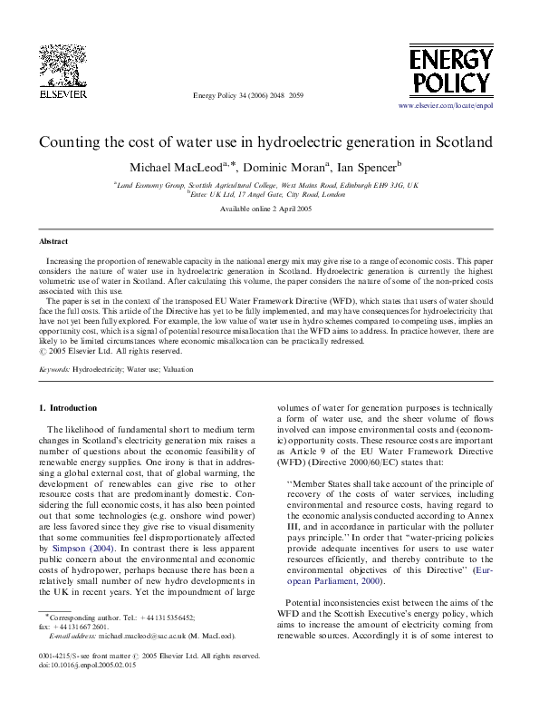 (PDF) Counting the cost of water use in hydroelectric generation in ...