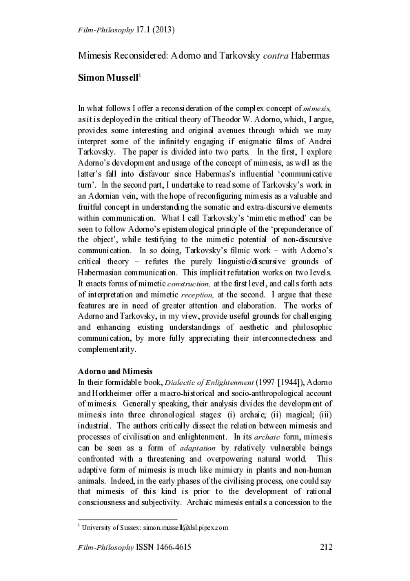(PDF) Mimesis Reconsidered: Adorno and Tarkovsky contra Habermas
