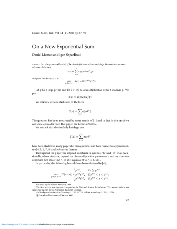 (PDF) On a New Exponential Sum