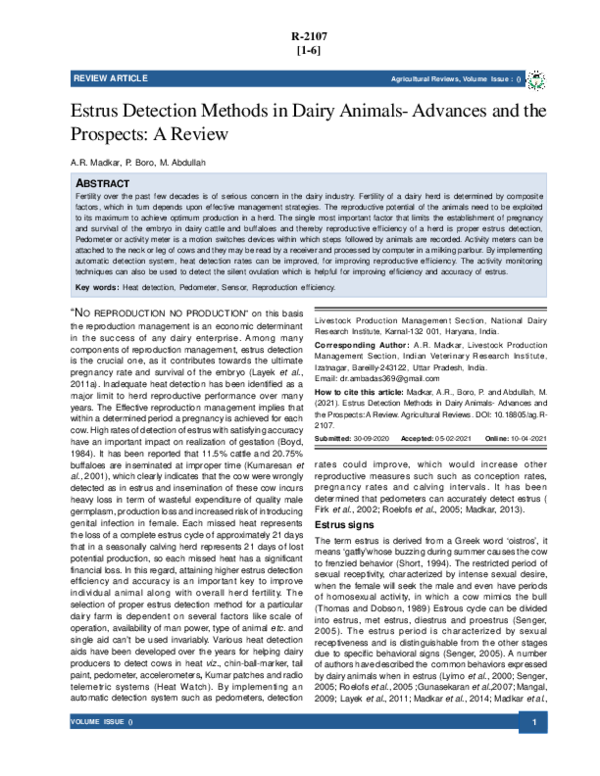 (PDF) Estrus Detection Methods in Dairy Animals- Advances and the Prospects: A Review