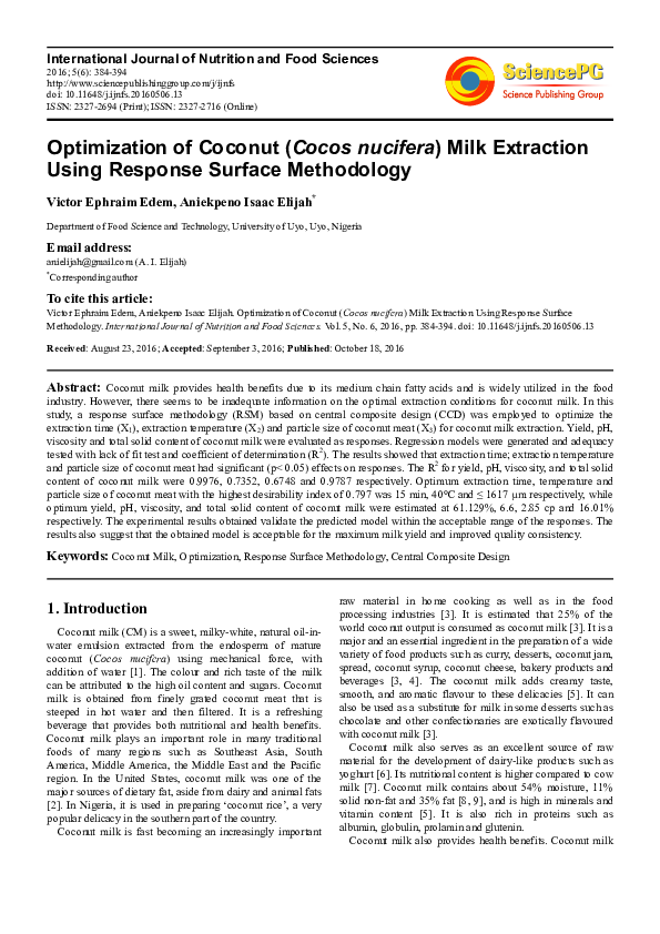(PDF) Optimization of Coconut (Cocos nucifera) Milk Extraction Using ...