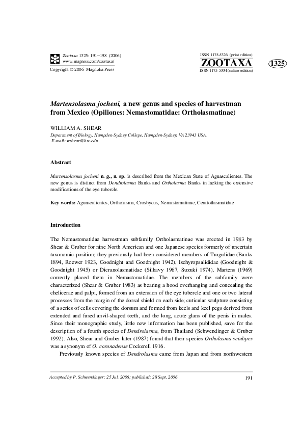 (PDF) Martensolasma jocheni, a new genus and species of harvestman from ...