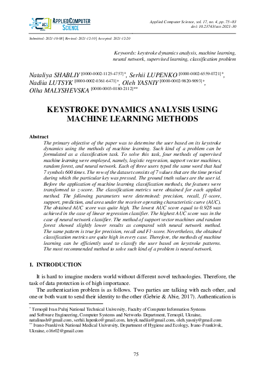 (PDF) Keystroke Dynamics Analysis Using Machine Learning Methods