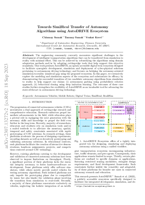 Pdf Towards Sim2real Transfer Of Autonomy Algorithms Using Autodrive