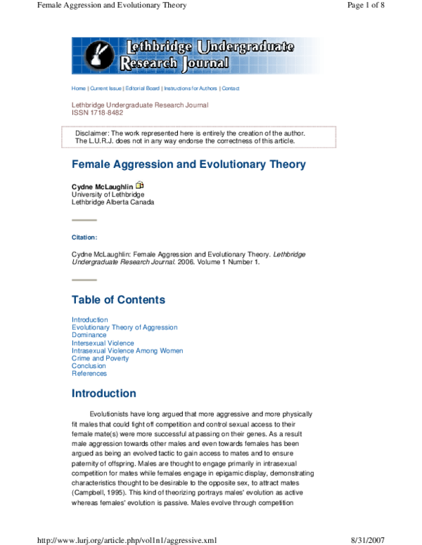 (PDF) Female Aggression and Evolutionary Theory