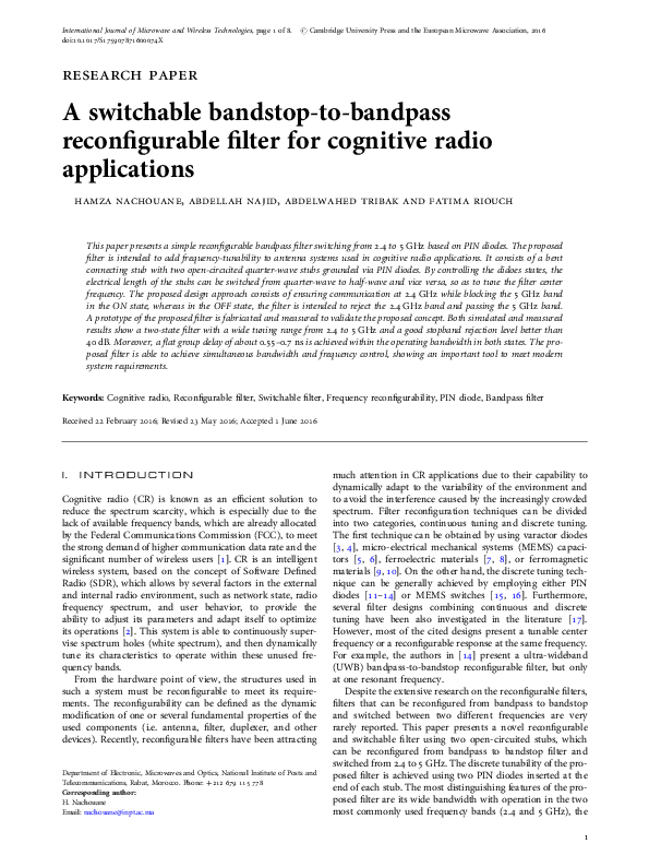 Pdf A Switchable Bandstop To Bandpass Reconfigurable Filter For Cognitive Radio Applications