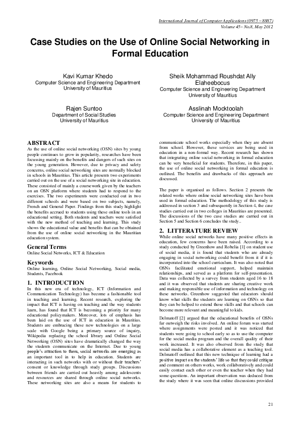 (PDF) Case Studies on the Use of Online Social Networking in Formal ...