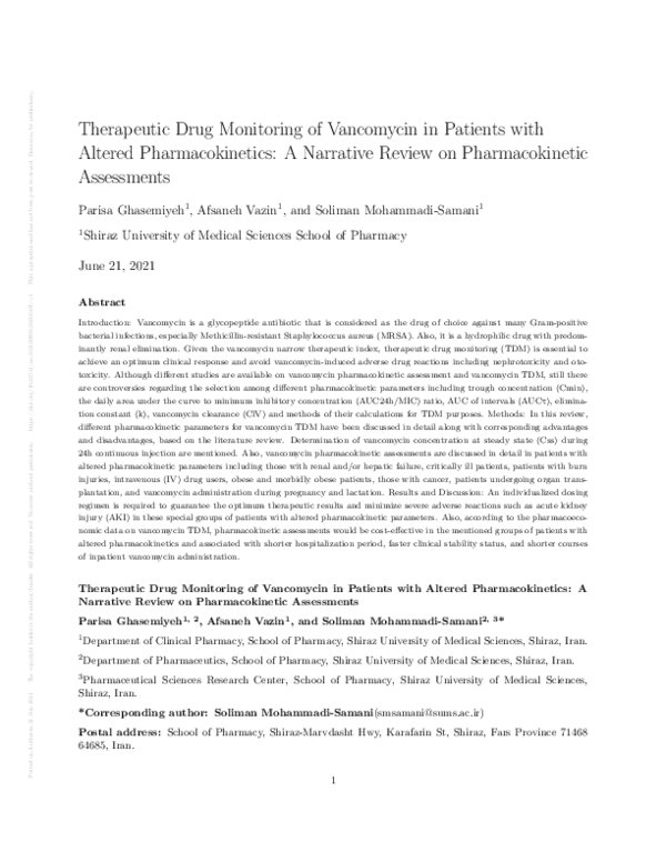 (PDF) Therapeutic Drug Monitoring of Vancomycin in Patients with ...