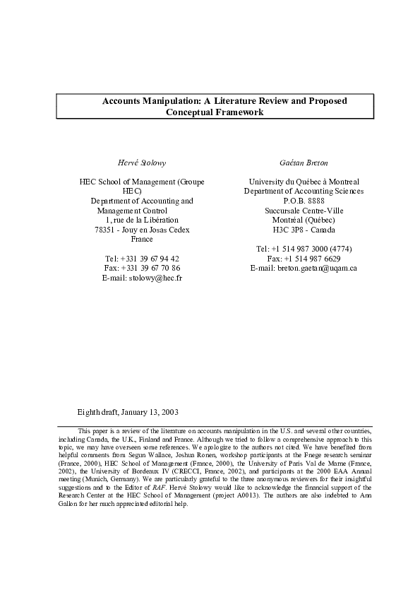 (PDF) Accounts Manipulation: A Literature Review and Proposed ...