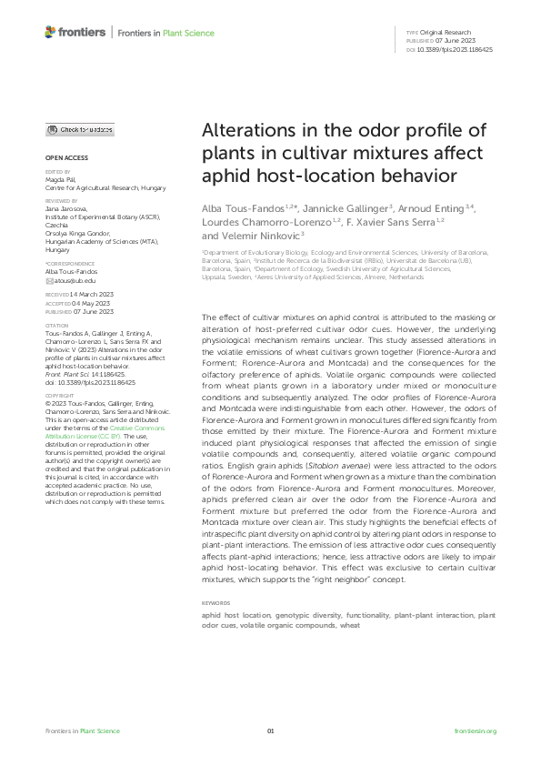 (PDF) Alterations in the odor profile of plants in cultivar mixtures ...