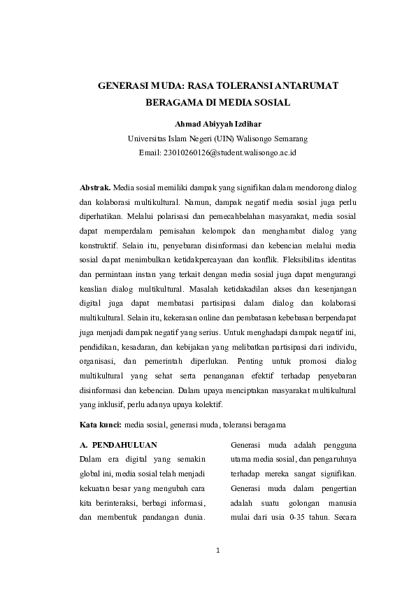 (DOC) GENERASI MUDA: RASA TOLERANSI ANTARUMAT BERAGAMA DI MEDIA SOSIAL