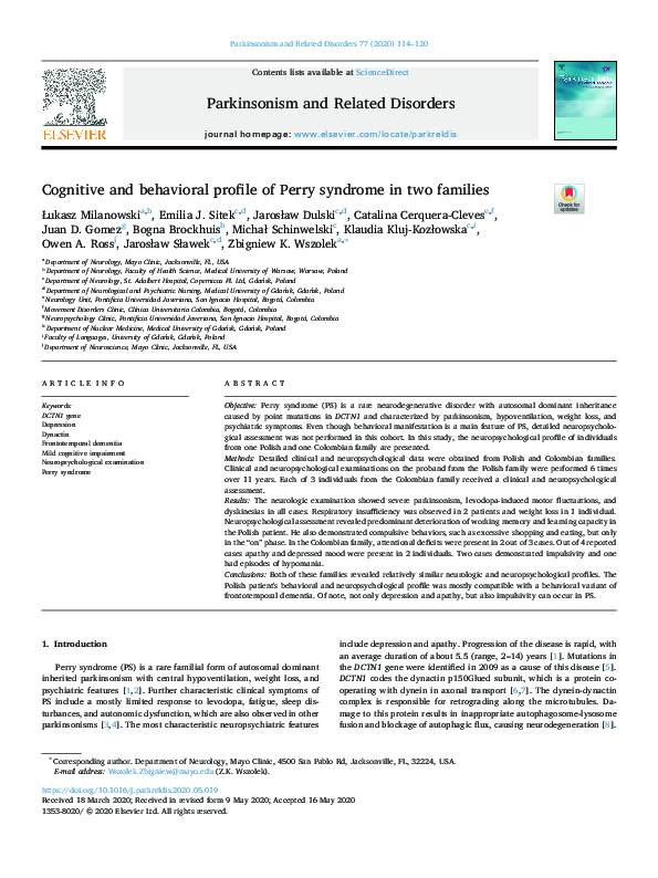 (PDF) Cognitive and behavioral profile of Perry syndrome in two families