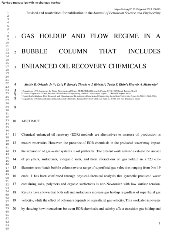 (PDF) Gas holdup and flow regime in a bubble column that includes enhanced oil recovery chemicals