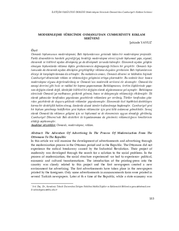 (PDF) Modernleşme Süreci̇nde OSMANLI'DAN CUMHURİYET'E Reklam Serüveni̇