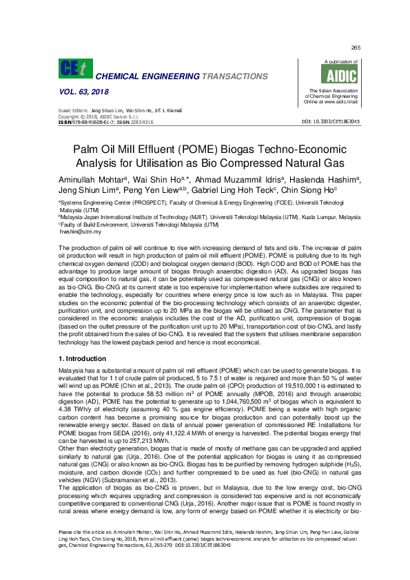 (PDF) Palm oil mill effluent (pome) biogas techno-economic analysis for ...