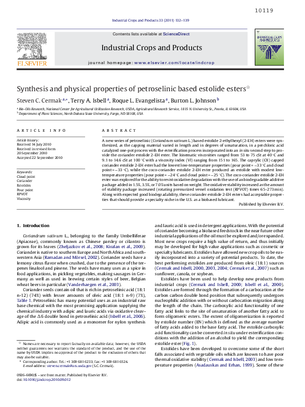 (PDF) Synthesis and physical properties of petroselinic based estolide ...