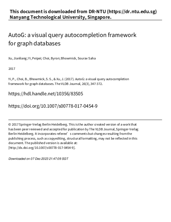 (PDF) AutoG: a visual query autocompletion framework for graph databases