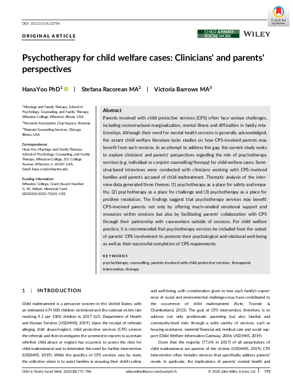 (PDF) Psychotherapy for child welfare cases: Clinicians' and parents ...