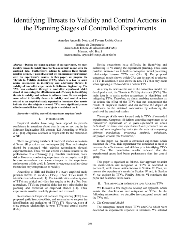 (PDF) Identifying Threats to Validity and Control Actions in the Planning Stages of Controlled ...